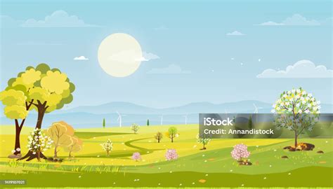 푸른 하늘이 있는 언덕에 푸른 초원이 있는 봄 마을의 파노라마 전망 벡터 만화 봄 또는 여름 풍경 야생화밭이 있는 탁 트인 시골 풍경 산 꽃가루에 대한 스톡 벡터 아트 및