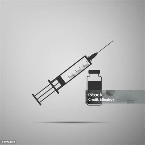 의료 주사기 바늘과 약 병 예방 접종 주사 아이콘 회색 배경에 고립의 개념 평면 디자인입니다 벡터 일러스트 레이 션 0명에 대한 스톡 벡터 아트 및 기타 이미지 Istock