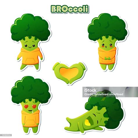 스티커 귀 엽 다 브로콜리 캐릭터의 집합입니다 노란 후드에 귀여운 브로콜리 건강한 생활방식에 대한 스톡 벡터 아트 및 기타 이미지 건강한 생활방식 개체 그룹 귀여운