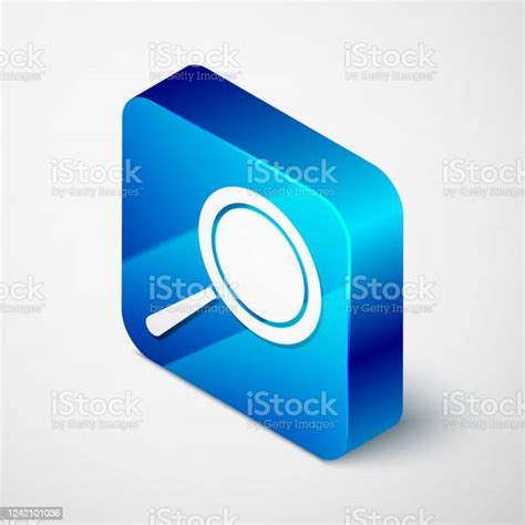 회색 배경에 격리 된 등각 투영 프라이팬 아이콘입니다 튀김 또는 구운 음식 기호 파란색 사각형 버튼입니다 벡터 일러스트레이션 0명에 대한 스톡 벡터 아트 및 기타 이미지