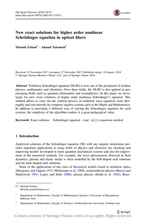 New Exact Solutions For Higher Order Nonlinear Schrödinger Equation In Optical Fibers Request Pdf