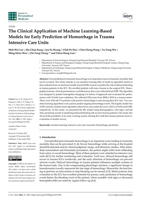 Pdf The Clinical Application Of Machine Learning Based Models For Early Prediction Of