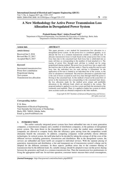 Pdf A New Methodology For Active Power Transmission Loss Allocation