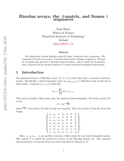 pdf riordan arrays the a matrix and somos 4 sequences
