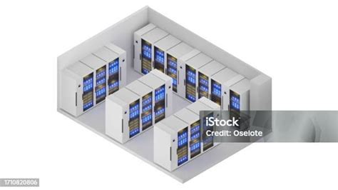 작은 크기의 서버 룸의 아이소메트릭 뷰 완전히 작동하는 서버 랙의 여러 행이있는 데이터 센터 3d 렌더링 Cpu에 대한 스톡