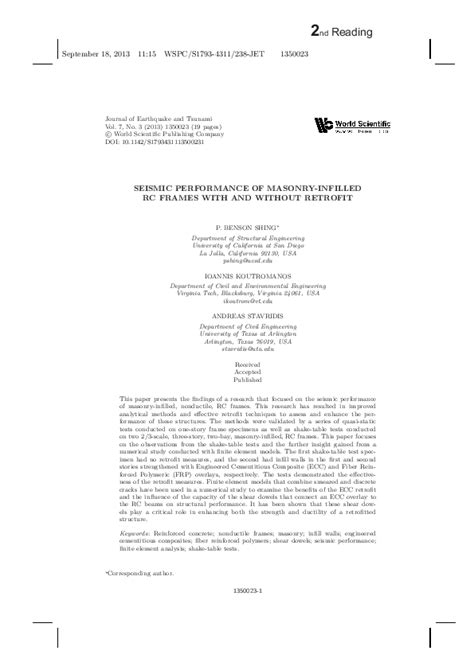 Pdf Seismic Performance Of Masonry Infilled Rc Frames With And Without Retrofit