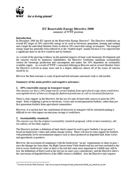 Eu Renewable Energy Directive 2008 Summary Pdf Renewable Energy Biofuel