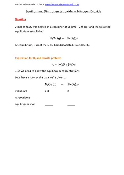 Equilibrium Dinitrogen Tetroxide Nitrogen Dioxide N O