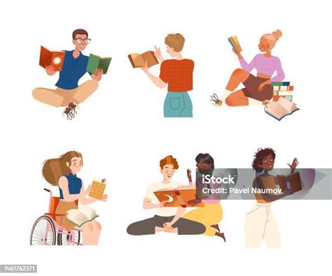 빌린 종이 책 벡터 세트를 읽는 행복한 남자와 여자 캐릭터와의 책 교차점 건강관리와 의술에 대한 스톡 벡터 아트 및 기타 이미지