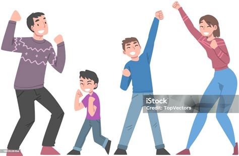 승리를 축하하는 행복한 가족 성공과 긍정적 인 감정을 표현 우리는 그것을 만화 벡터 일러스트를했다 긍정적인 감정 표현에 대한 스톡 벡터 아트 및 기타 이미지 Istock