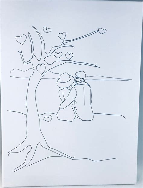 Lovers Sitting Under Tree Couple Drawing Predrawn Canvas Etsy