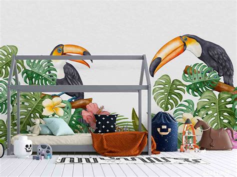 3d Tropical Green Leaf Toucan Wall Mural Wallpaper Lqh 330 Jessartdecoration