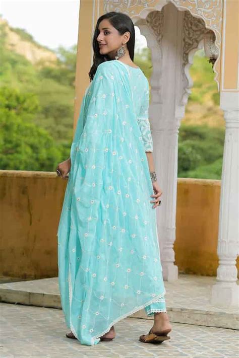 Buy Bairaas Blue Mulmul Floral Embroidered Kurta Pant Set Online Aza