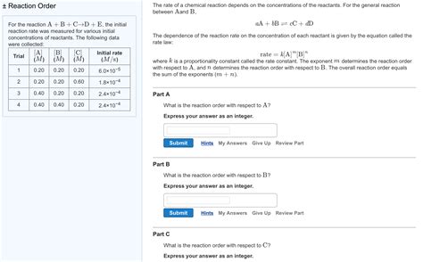 Solved Reaction Order For The Reaction A B C D E The Chegg