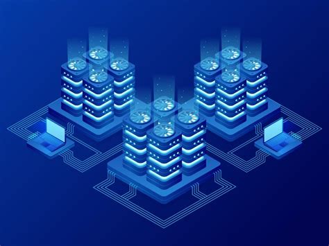 아이소메트릭 데이터베이스 네트워크 관리 빅 데이터 처리 미래의 에너지 스테이션 It 기술자 터닝 서버 클라우드 서비스 디지털 정보 벡터 일러스트 레이 션