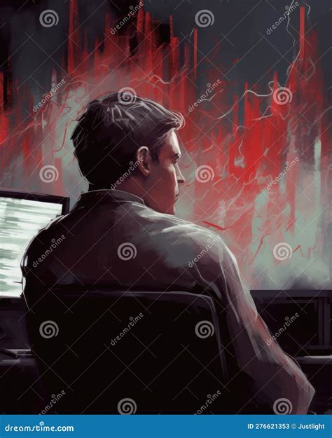 A Man Staring In Dismay At The Wave Of Red Arrows On A Stock Market Monitor Stock Illustration