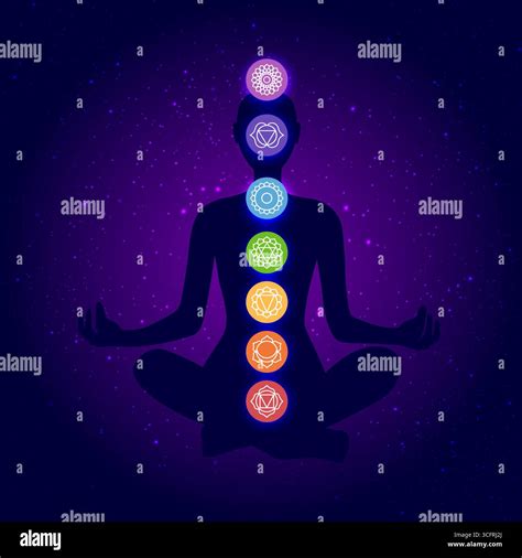 Human Body Silhouette With Chakras Icons Meditating Woman In Lotus