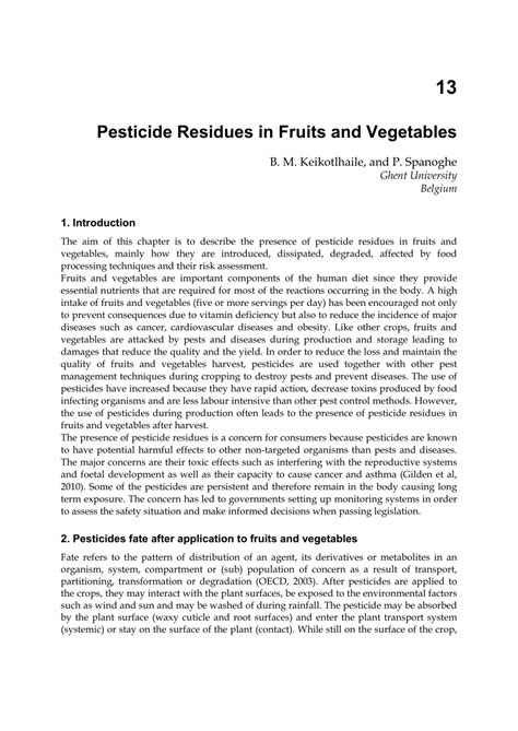 Pdf Pesticide Residues In Fruits And Vegetables
