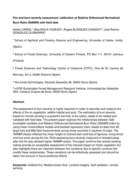 Pdf Fire And Burn Severity Assessment Calibration Of Relative Differenced Normalized Burn