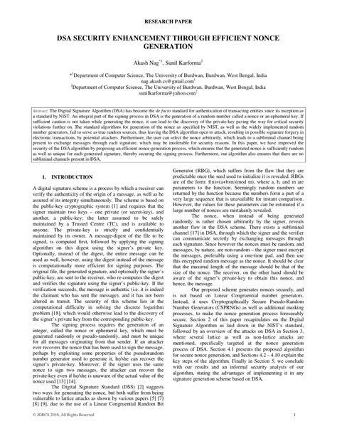 Pdf Dsa Security Enhancement Through Efficient Nonce Generation