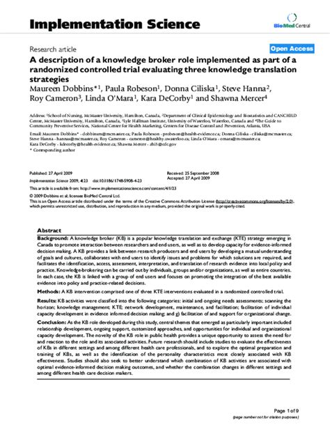 Pdf A Description Of A Knowledge Broker Role Implemented As Part Of A