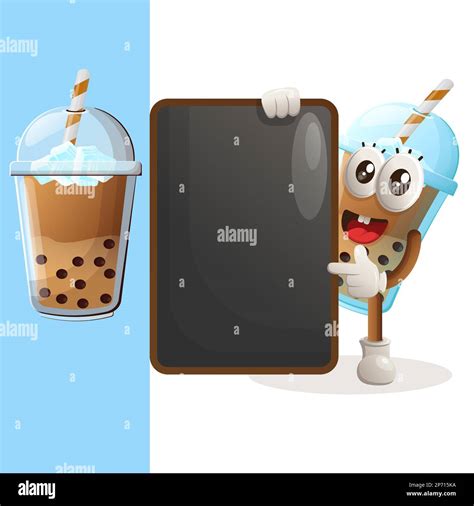 Cute Bubble Tea Mascot Holding Menu Black Board Menu Board Sign Board Perfect For Food Store