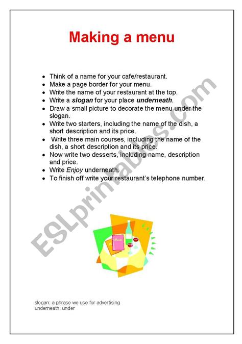 English Worksheets MAKING A MENU