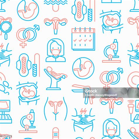 얇은 선 아이콘으로 산부인과 원활한 패턴 자 궁 난소 부인과 자 임신 초음파 생리대 테스트 배아 생리 배 란 현대 벡터