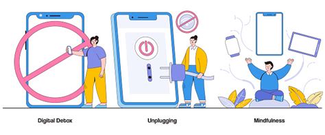 디지털 해독 분리 캐릭터와 함께하는 마음챙김 개념 디지털 밸런스 추상 벡터 일러스트레이션 세트입니다 휴식 정신 건강 은유를 다시 연결하기 위해 연결 끊기 사람들에 대한 스톡