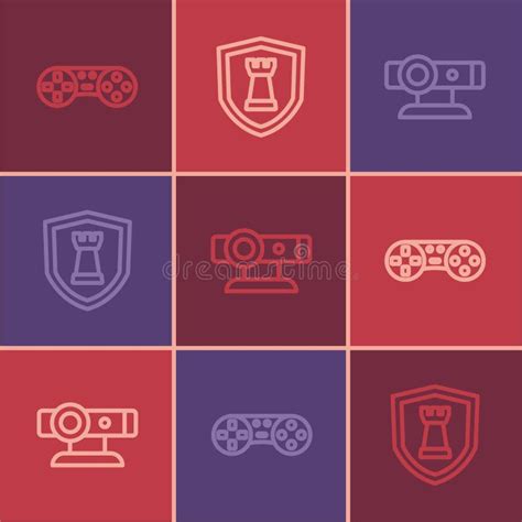 set line game controller or joystick web camera and chess shield icon