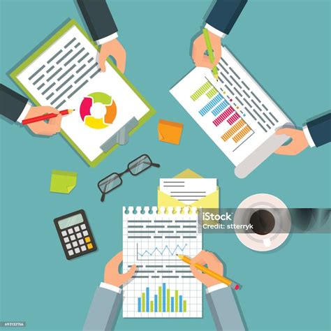 3 사업 계획 표 손 들고 노트북 비즈니스 계획 데이터와 그래프 클립보드 작업의 상위 볼 수 있습니다 평면 스타일 벡터 일러스트입니다 개발에 대한 스톡 벡터 아트 및 기타