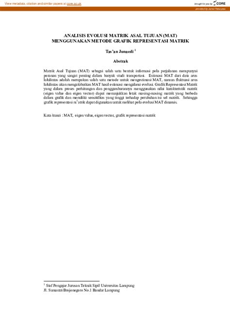 Pdf Analisis Evolusi Matrik Asal Tujuan Mat Menggunakan Metode Grafik Representasi Matrik