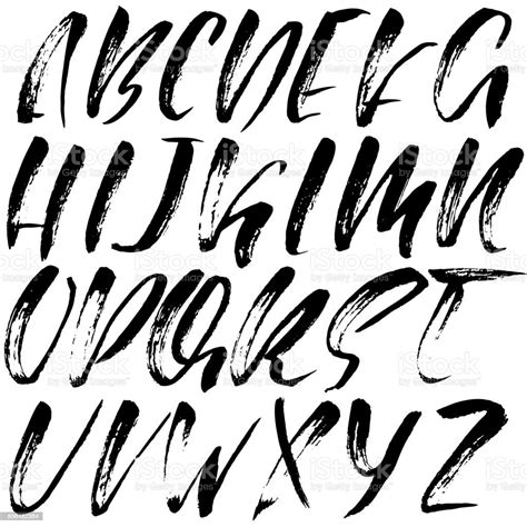 손으로 그린된 글꼴 드라이 브러쉬 스트로크에 의해입니다 현대 브러쉬 레터링입니다 그런 지 스타일 알파벳입니다 벡터 일러스트입니다 0명에 대한 스톡 벡터 아트 및 기타 이미지