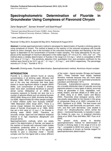 Pdf Spectrophotometric Determination Of Fluoride In Groundwater Using