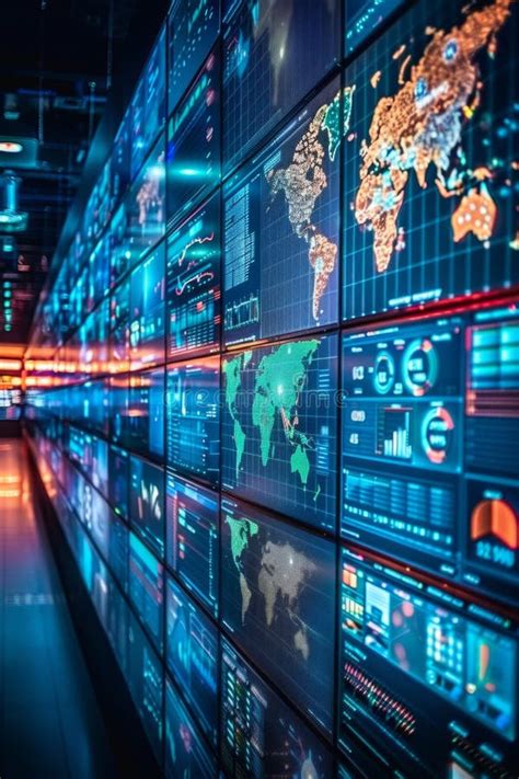 Cutting Edge Global Monitoring And Surveillance In A Central Command Center Stock Illustration