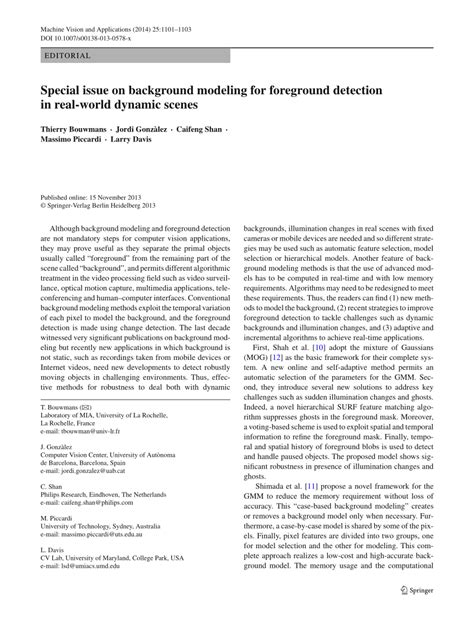 Pdf Special Issue On Background Modeling For Foreground Detection In