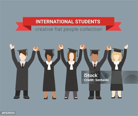 평면 스타일 현대 사람들 아이콘 교육 지식 학교 대학 대학 국제 다문화 대학원생 웹 템플릿 Infographic 벡터 손을 잡고 유니폼에 졸업생입니다 벡터에 대한 스톡 벡터