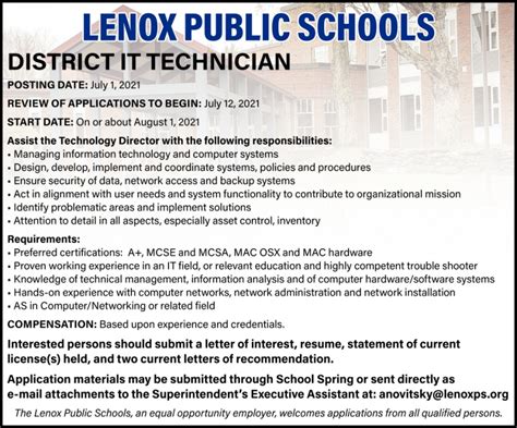 District It Technician Lenox Memorial Middle And High School Lenox Ma