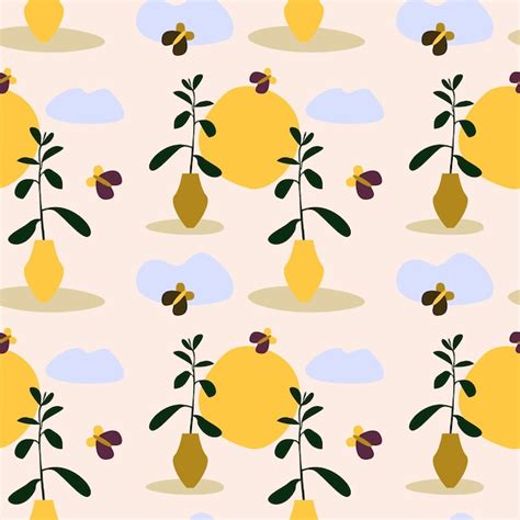 Premium Vector Abstract Plant And Vase In Boho Style Seamless Pattern Minimalist Cute