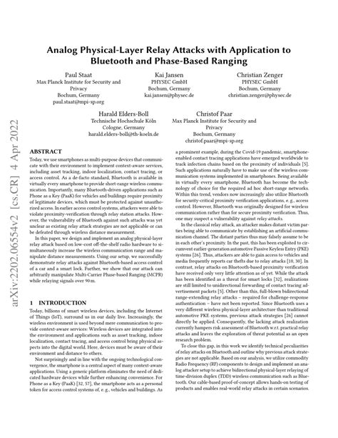 Pdf Analog Physical Layer Relay Attacks With Application To Bluetooth And Phase Based Ranging