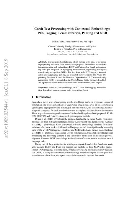 Pdf Czech Text Processing With Contextual Embeddings Pos Tagging