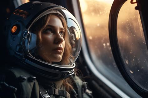 Premium Photo A Beautiful Woman In A Space Suit Looking Out To The