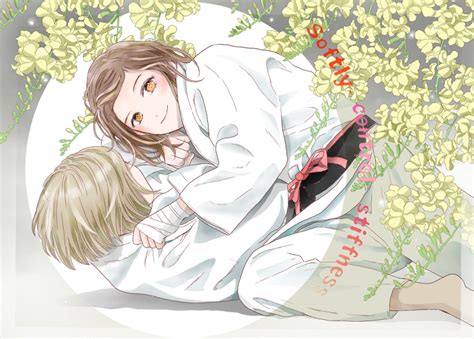 Safebooru 2girls Arm Wrap Barefoot Blonde Hair Brown Eyes Brown Hair