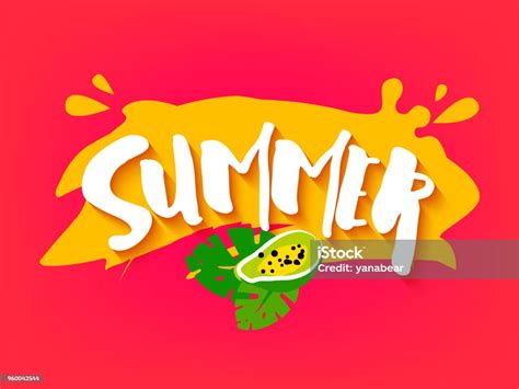 파파야 종 려 잎 빨간 배경에 텍스트와 밝은 여름 카드 평면 디자인입니다 벡터 일러스트입니다 가리기에 대한 스톡 벡터 아트 및 기타 이미지 Istock