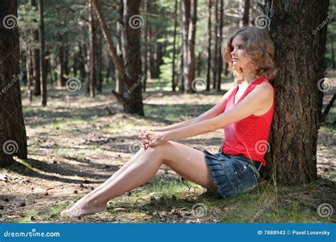 Young Blonde Sits Under Tree In Wood Stock Image Image Of Outdoors Health 7888943