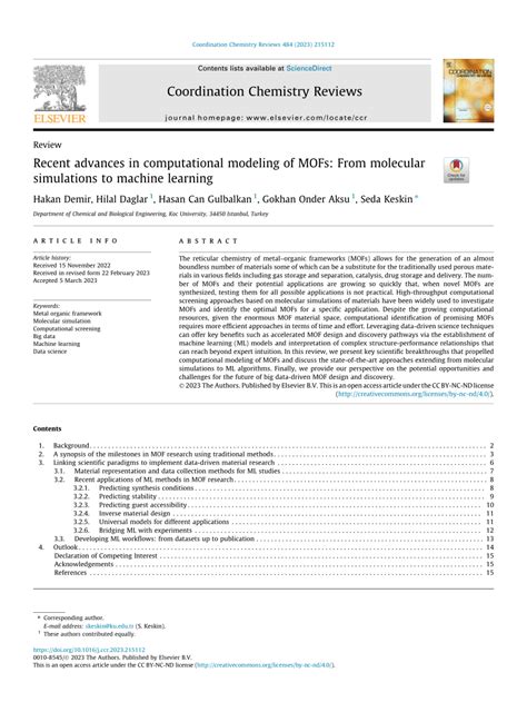 Pdf Recent Advances In Computational Modeling Of Mofs From Molecular Simulations To Machine