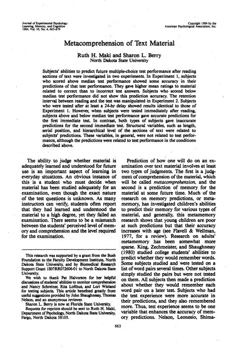 Metacomprehension Of Text Material