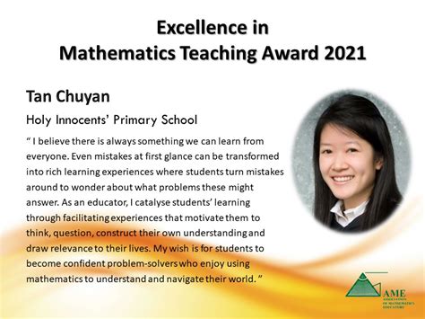 Emta 2021 Recipient Tan Chuyan Association Of Mathematics Educators