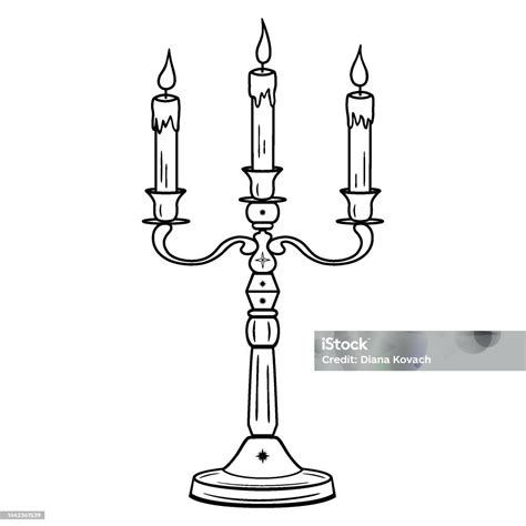 라인 아트에서 불타는 촛불과 별이 있는 손으로 그린 촛대 빈티지 촛대 아이콘 골동품 스타일 Boho 흰색 배경에 격리된 벡터 낙서 스케치 그림 3가지 개체에 대한 스톡 벡터