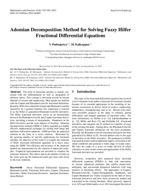 Pdf Adomian Decomposition Method For Solving Fuzzy Hilfer Fractional Differential Equations